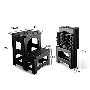 Topfun 8" 17" Folding 2-Step Stool, Non-Slip Fold Stools for Adults or Kids, Hold up to 300 lbs, Portable Footstool for Kitchen Home Toilet Bedroom Office RV