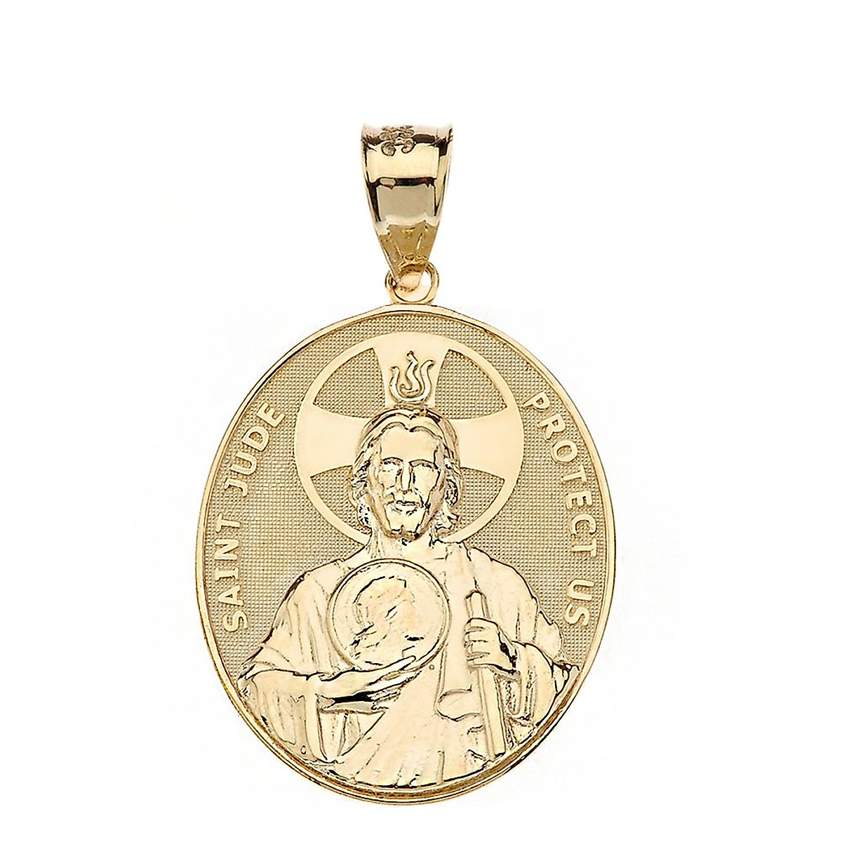 Solid 14k Yellow Gold Saint Jude Thaddeus Protect Us Oval Pendant