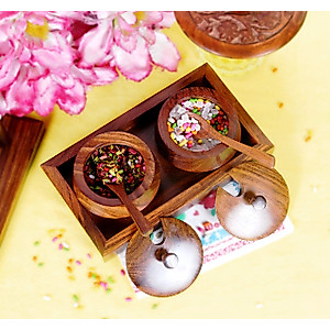 Creation India Craft Wooden Jar Set with Tray and Spoon, 50 ml, 2-Pieces,Indian Rosewood, Refreshner Box Table Top for Dinning Table