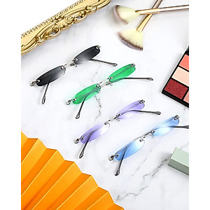 4 Pairs Women Thin Vintage Sunglasses Rectangle Sunglasses Small Skinny Glasses Retro Designer Style Rimless Sunglasses with Metal Frame Narrow Vintage Eyewear for Men Women