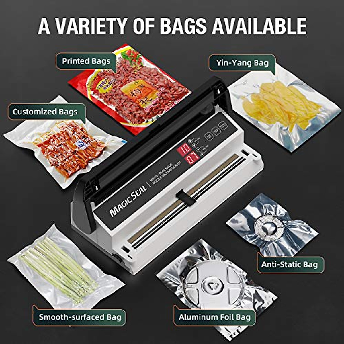 Magic Seal MS175 Vacuum Sealer Machine for Food Preservation, Nozzle Type, Compatible with Smooth Flat Bags or Mylar Bags, Extra-Wide Bar, Adjustable Vacuum and Sealing Time, Automatic and Manual Mode