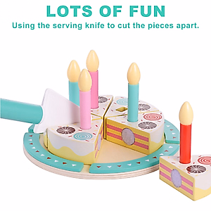 Birthday Cake Cutting Toys, Wooden Play Food Set for Kids Toddlers, Pretend Play Kitchen Toys for Boys Girls