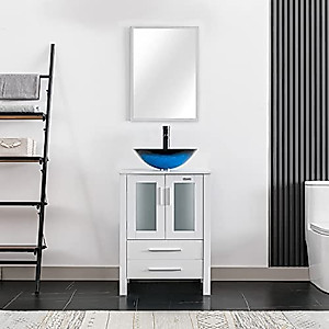 eclife 24" Bathroom Vanity Sink Combo White Cabinet Ocean Blue Square Tempered Glass Vessel Sink & 1.5 GPM Water Save ORB Faucet Solid Brass Pop Up Drain,with Mirror (Ocean Blue Square Sink A04B02W)