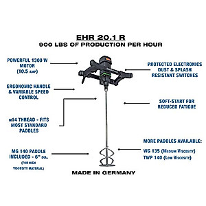 CS Unitec EHR 20.1 R Set Portable Hand-Held Electric Concrete Mixer Including MG 140 Paddle, 10.5 Amp, 110 VAC, 900 lb. per Hour