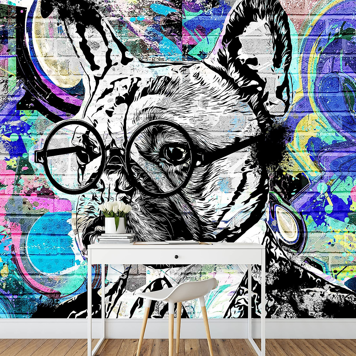 wall26 Removable Wall Sticker/Wall Mural Business Suit Dog Glasses Spray Paint Graffiti & Street Art Cityscape Digital Art Realism Urban Edgy for Living Room, Bedroom, Office - 100x144 inches