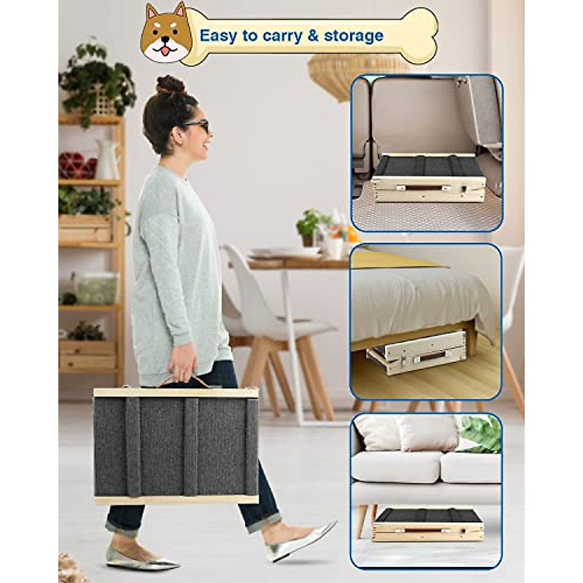 TNELTUEB Adjustable Dog Ramp, Wooden Folding Portable Pet Ramp,Rated for 30 LBS, 32.6" Long and Adjustable from 10" to 19" with Non-Slip Traction Mat, Dog Step for Bed, Couch,Car (Grey)