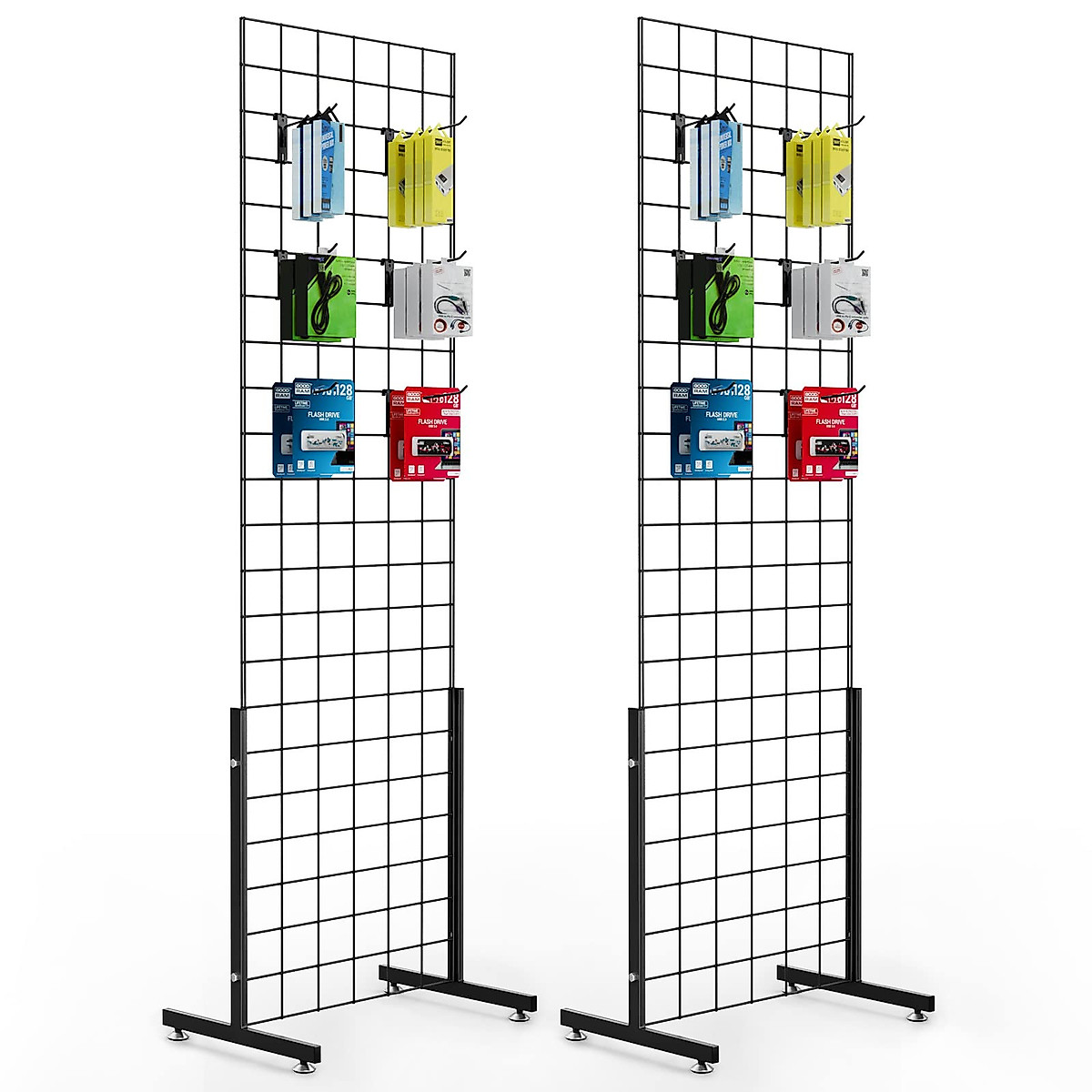 Bonnlo 6' x 2' Wire Grid Panel Tower with T-Base Floorstanding, Thicker 5mm Wire, 180 LBS Weight Capacity Grid Wall Display Rack with Hooks 4", 6" and 8", 2-Pack Black