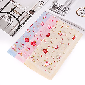 HOULIFE Ladies 100% 60S Cotton Handkerchiefs Womens Red Rose Floral Print Hankies for Wedding Party 18x18
