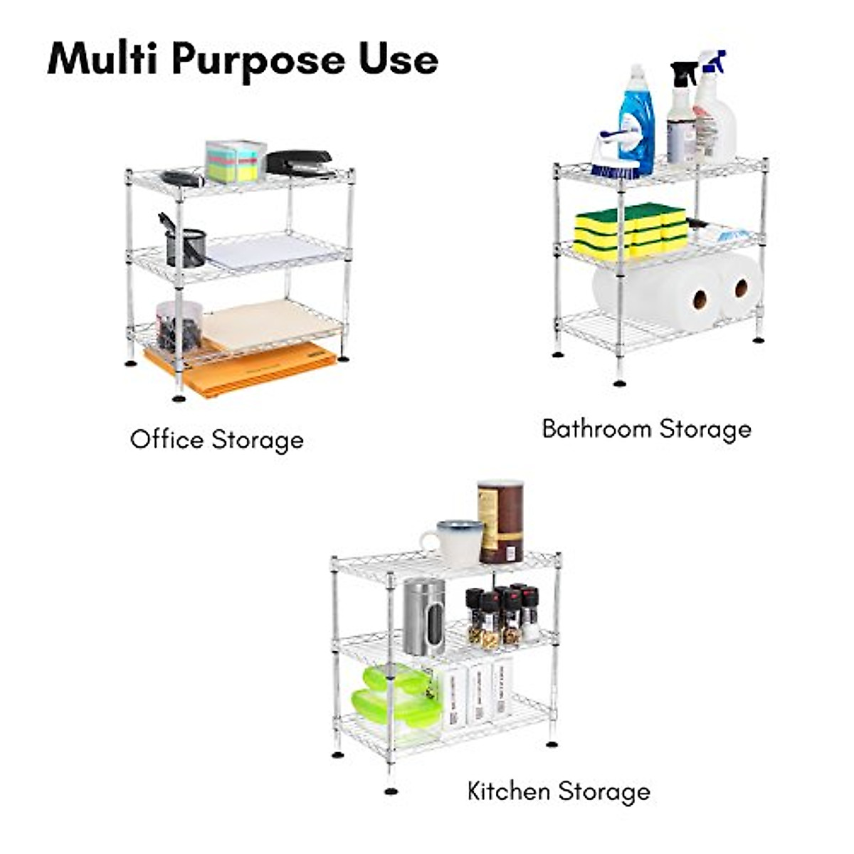 Internet's Best 3-Tier Mini Wire Utility Shelving - Chrome - Shelf - Adjustable Rack Unit - Kitchen Bathroom Pantry Laundry Storage - Under The Sink Organization - Organize Your Cabinets - SPI