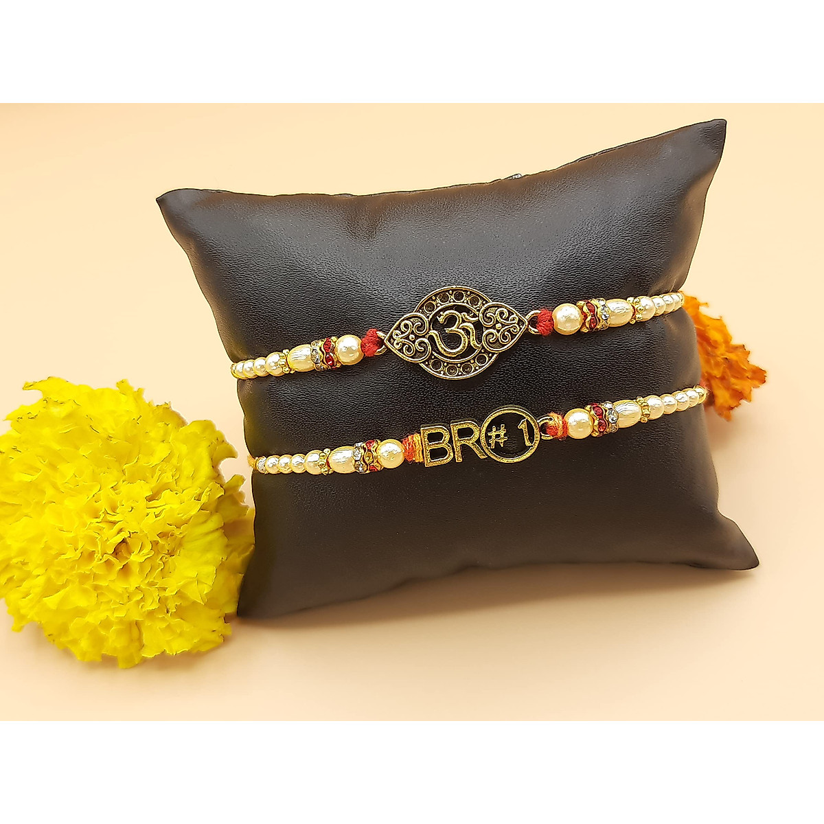 Palak Global Rakhi Bracelet for brother, Unique Design Rakhi for Brother, Bhabhi, Sister, Father and celebration with Family, Raksha Bandhan holy Rakhi. (Rakhi Design Om and Bro, Set of 2, Small)