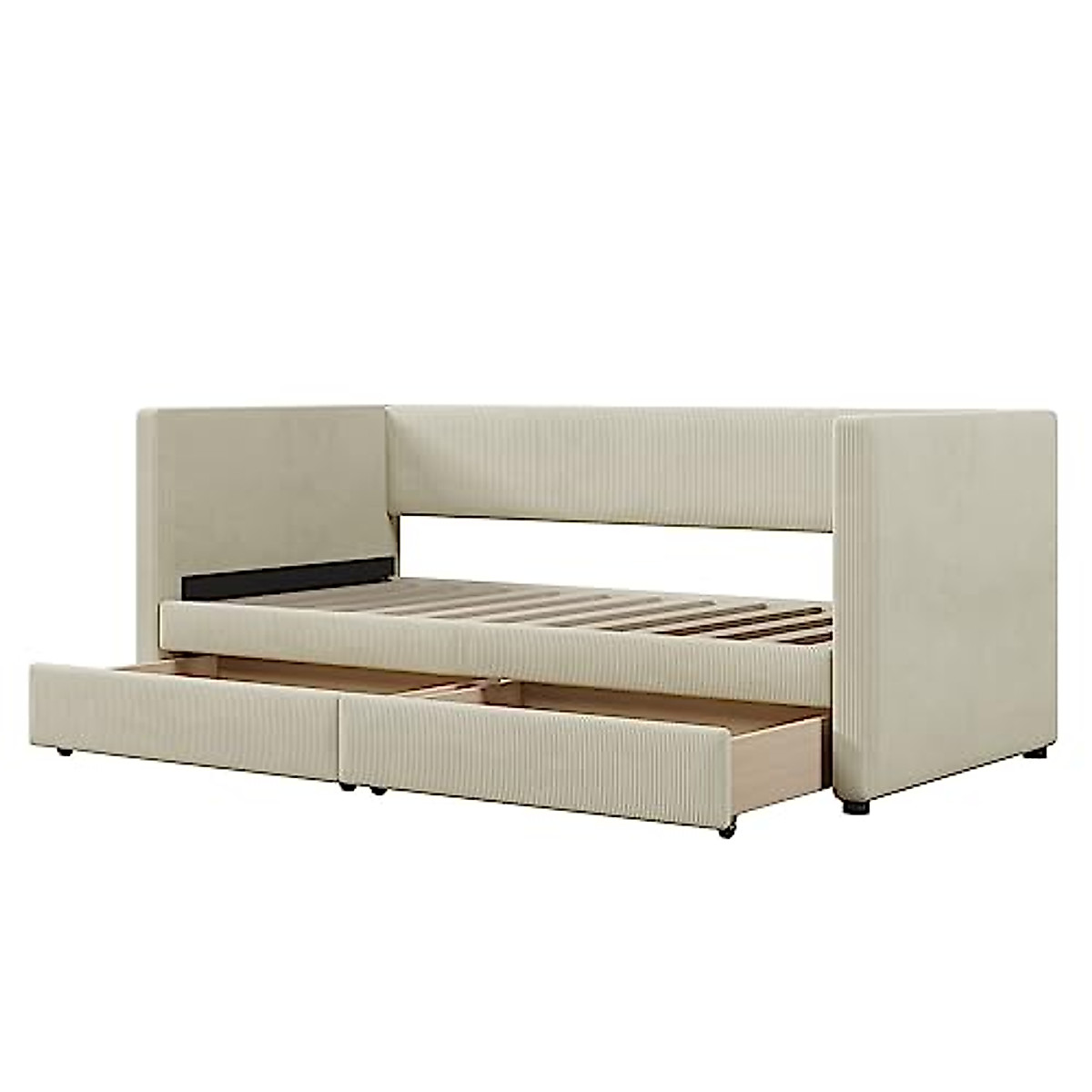Harper & Bright Designs Twin Size Corduroy Daybed with 2 Storage Drawers, Modern Twin Upholstered Daybed Frame, Sofa Bed with Wood Slat, Twin Storage Bed for Living Room Bedroom Guest Room, Beige