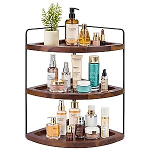 Bathroom Corner Counter Organizer 17x9.9 inch, 3 Tier Acacia Wood Organizer Countertop, Corner Storage Shelf Standing Rack, Cosmetic Vanity Tray Kitchen Spice Rack, Bathroom Storage Décor