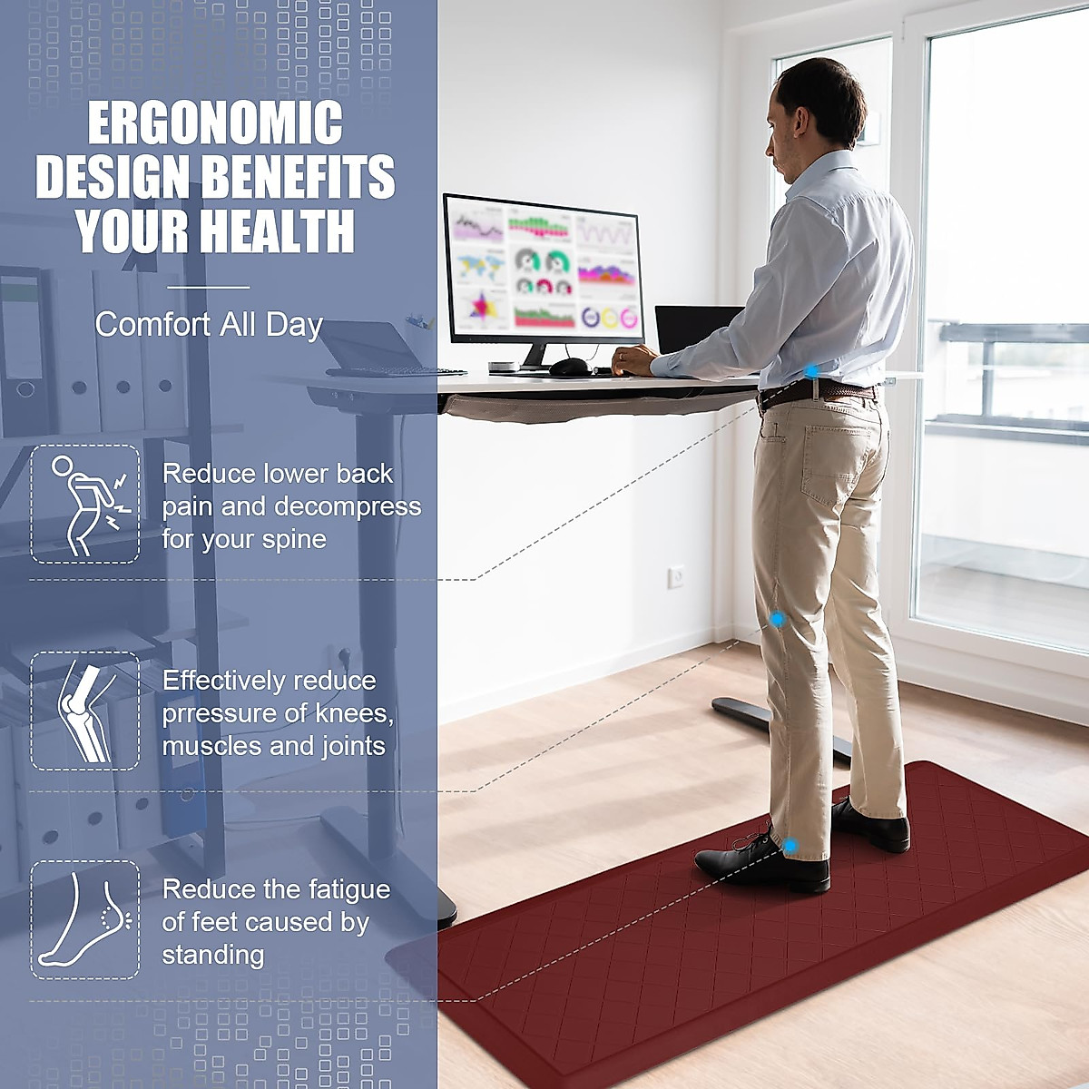 WEZVIX Cushioned Kitchen Mat 2 PCS, Anti Fatigue Kitchen Rugs, Heavy Duty Kitchen Rugs and Mats Non-Skid, Ergonomic Comfort Foam Kitchen Floor Mat for Home, Office, Sink, Laundry, Red