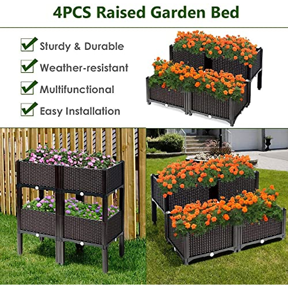 Renatone Set of 4 Raised Garden Beds Outdoor, Planter Box with Self-Watering Design, Drain Holes, Plastic Raised Garden Bed with Legs for Patio Yard Gardening, Grow Vegetables, Flowers, Herbs(Brown)