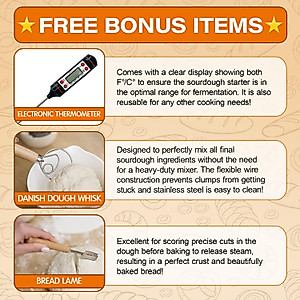 KEUKEN 42 oz Glass Sourdough Starter Jar Kit - Sourdough Bread Baking Supplies - Sourdough Starter Kit - Silicone Spatula Electric Thermometer Danish Dough Whisk - Sourdough Kit