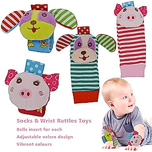 Baby Toy Wrist Rattle Foot Finder Socks with Soft Baby Book, Cotton and Plush Stuffed Infant Toys for Boy & Girl 0-3-6 Months, Present Gift for Newborn Infant Babies