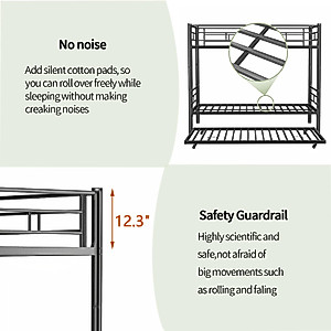 QSOSTNS Twin Over Twin Bunk Bed with Trundle, Heavy Duty Bunk Beds Frame with Side Ladders Convertible Bunkbed with Safety Guard Rails, No Box Spring Needed (Black)