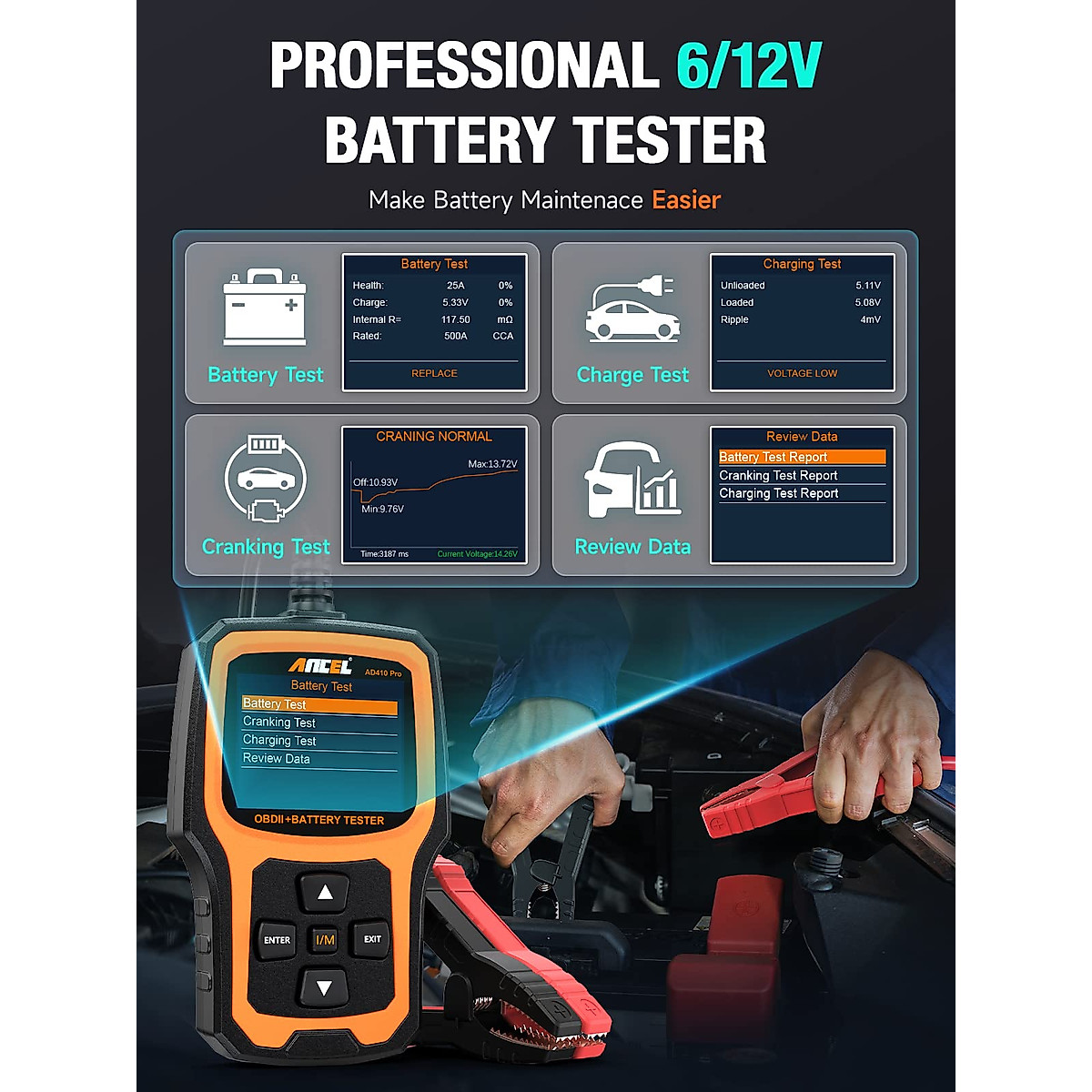 ANCEL AD410 Pro+ 2 in 1 OBD2 Scanner Battery Tester, OBD2 Scanner Diagnostic Tool for Car Check Engine Code Reader Scan Tool & 6V 12V 100-2000 CCA Battery Charging Cranking Test EVAP Live Data