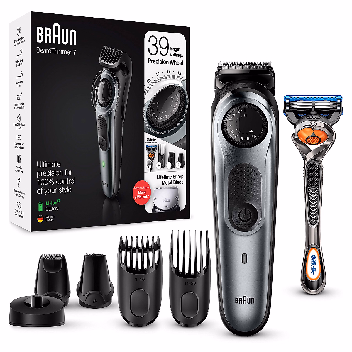 Braun BT 7240,Braun Beard Trimmer for Men BT7240, Cordless & Rechargeable Hair Clipper, Detail Trimmer, Mini Foil Shaver with Gillette ProGlide Razor, Black/Silver Metal, Black/Silver Metal,