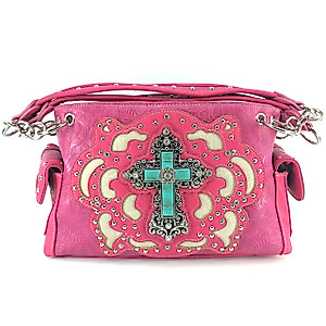 Justin West Tooled Turquoise Stone Cross Rhinestone Laser Cut Shoulder Chain Concealed Carry Handbag Purse Wallet Messenger (Hot Pink Handbag and Wallet)