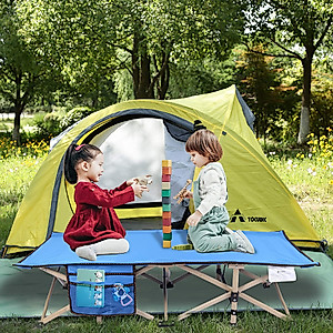 REDCAMP Extra Long Kids Cot for Sleeping 2-7 Years, Portable Travel Toddler Cot Bed with Carry Bag, Lightweight for Outdoor Indoor Home, Blue 53''x26''