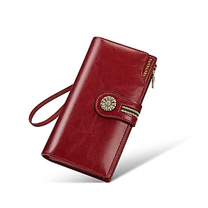 VANNANBA Large Capacity Clutch Wallet For Women RFID Blocking Waxed Genuine Leather Zipper Wallet Ladies Card holder (red)