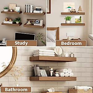 TABETO Wide Solid Wooden Wall Shelves for Wall,Floating Shelves for Bedroom,Kitchen Farmhouse,Hanging Book Shelf, for Wall Home Decor Living Room,16 Inch,Walnut 2 Pack