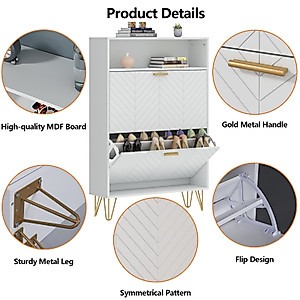 Auromie Shoe Cabinet, Freestanding Tipping Bucket Shoe Storage Cabinet with 2 Flip Drawers, Modern Entryway Shoe Rack with Storage Top Cubby, Narrow Slim Hidden Shoe Organizer with Doors (White)