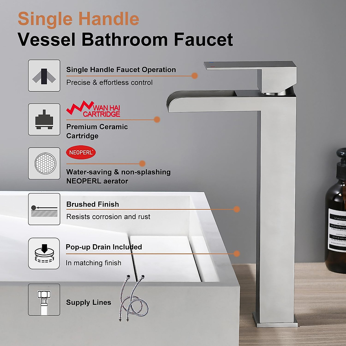 KENES Tall Bathroom Vessel Sink Faucet, Brushed Nickel Tall Waterfall Bathroom Faucet, Single Handle Waterfall Bathroom Faucet Lavatory Vanity Faucet with Pop Up Drain & Water Supply Hoses LJ-9035A