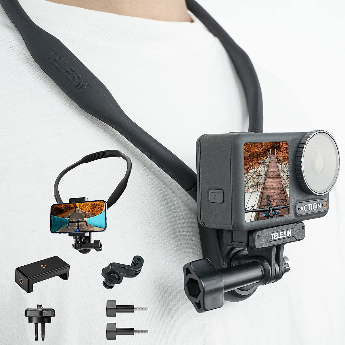 TELESIN SE Neck Mount with Phone Holder Vertical Adapter Kit, Necklace Lanyard Strap Head Chest POV Selfie Accessories for GoPro Max Hero 12 11 10 9 8 Insta360 X3 X4 Go3 Ace Pro DJI Action 4 Pocket 3