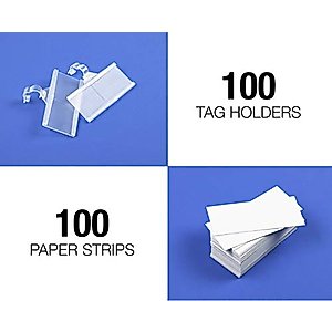 Pack of 100 – Plastic Wire Shelf Label Holder, Sign and Ticket Holder, Easy Clip Design with Tight Snap Lock Closure. Height, 1-1/4" X Width, 3" | 100 Label Inserts Included
