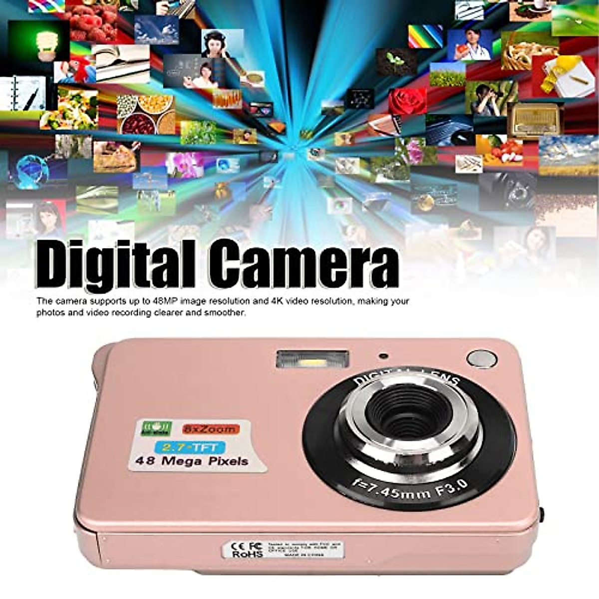 4K Compact Digital Camera, 48MP 2.7in LCD Screen Pocket Camera for Kids, 8X Zoom Rechargeable Students Vlogging Camera Support 128GB TF Card for Gifts, Beginners (Pink)