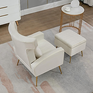 X-VOLSPORT Wingback Accent Chair and Storage Ottoman Set for Living Room Bedroom, Modern Upholstered Velvet Armchair with Footrest & Gold Metal Legs, White, Pillow Included