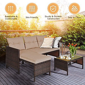 RELAX4LIFE 3-Piece Patio Furniture Set, Outdoor Wicker Sectional Sofa Set w/Washable Cushion, Tempered Glass Coffee Table, Rattan Conversation Set Outdoor Couch for Garden Backyard Deck (Brown)