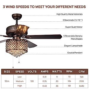 Neatmeat Crystal Ceiling Fans with Lights 52'' Chandelier Ceiling Fan with Pull Chain Control Flush Mount Vintage Bronze Ceiling Fan with 5 Reverse Wood Blades for Bedroom Living Room Dining Room