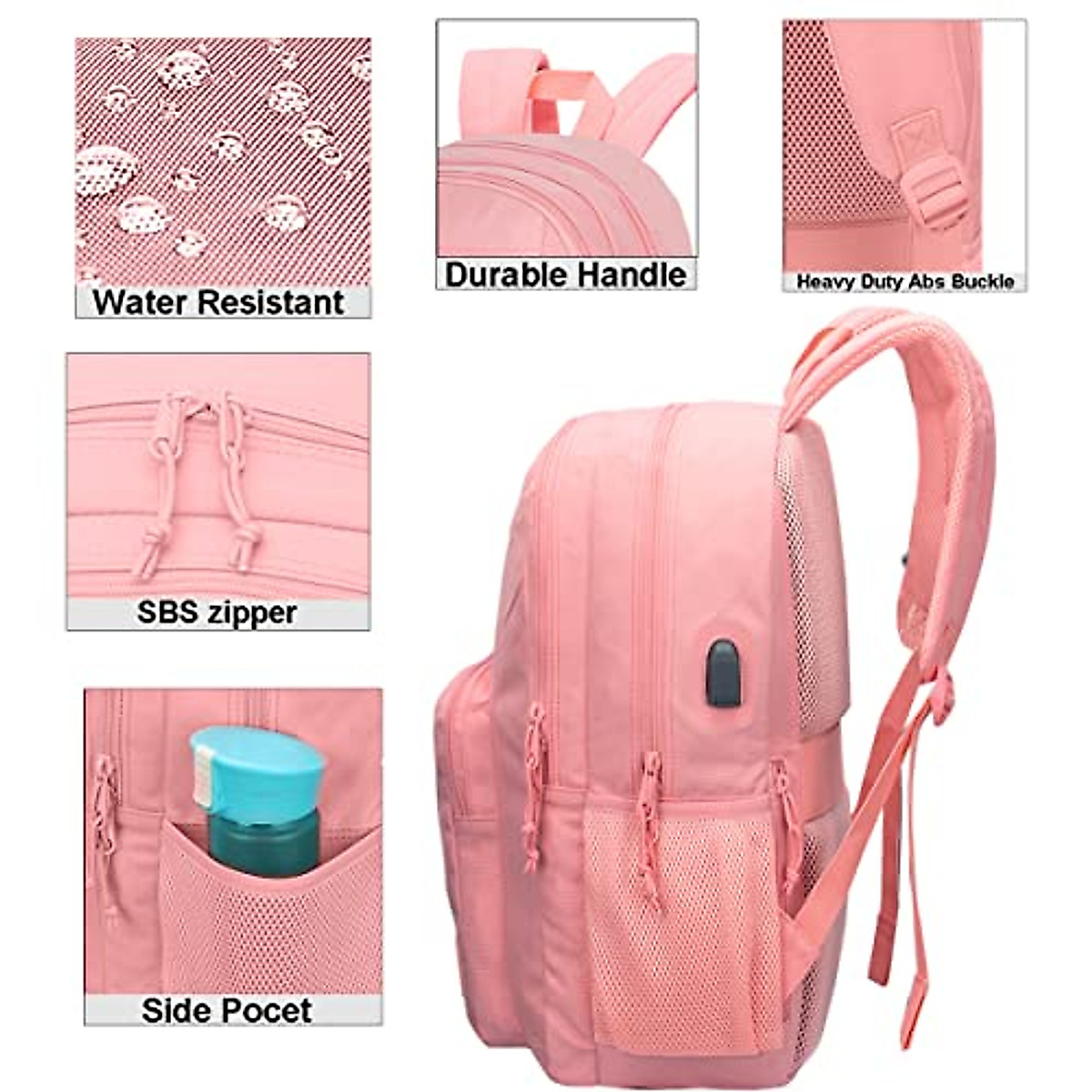 KEOFID Classic Travel backpack for Men and Women, Anti Theft Laptop Backpack with USB Charging Port for Work, Large Bag for College, Water Resistent(Bright Pink)