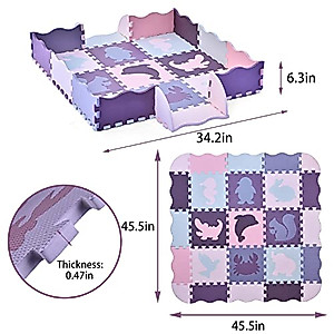 FUN LITTLE TOYS 25 PCS Baby Foam Play Mat, Interlocking Tiles Playmat with Fence Large 45x45 Thick 0.47 inch Purple Animals Puzzle Floor Mat for Kids Babies Toddlers Infants Crawling Room Decor