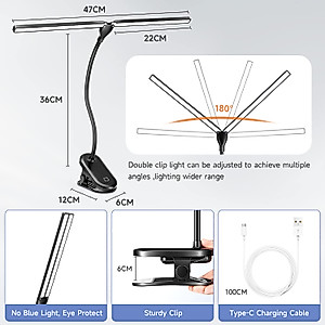 Mubarek Desk Lamp, 900LM Double Head Clip On Light, 30 Modes LED Desk Lamp, Dimmable LED Desk Light,360° Adjustable Clip On Lamp, Rechargeable Clip On Desk Lamp, Eye Care Clamp Table Light,Piano Lamp