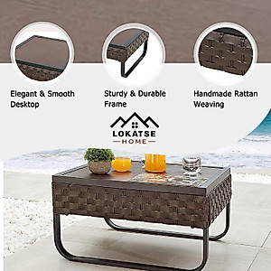 LOKATSE HOME Patio Dining Furniture Outdoor Square Bistro Side Coffee Table with Rattan Wicker Metal Slatted Steel Frame Aluminum Plastic Plate Wood Grain Desktop, Brown