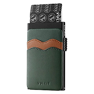 VULKIT Credit Card Holder Minimalist Slim Pop Up Wallet with Leather Slots RFID Blocking for Men and Women Holds 7 Cards and Notes Green
