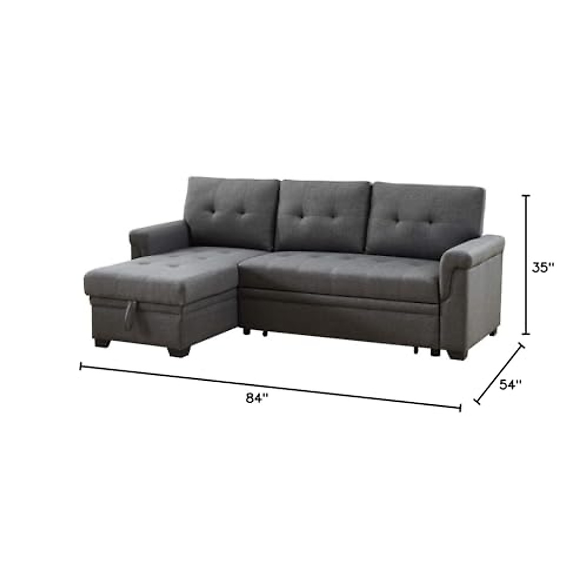 RITSU L-Shape Dark Gray Corner Couch with Storage Chaise, Linen Reversible Fabric Sleeper Sectional Sofa with Arms for Living Room, Apartment, Home Furniture, Dorm