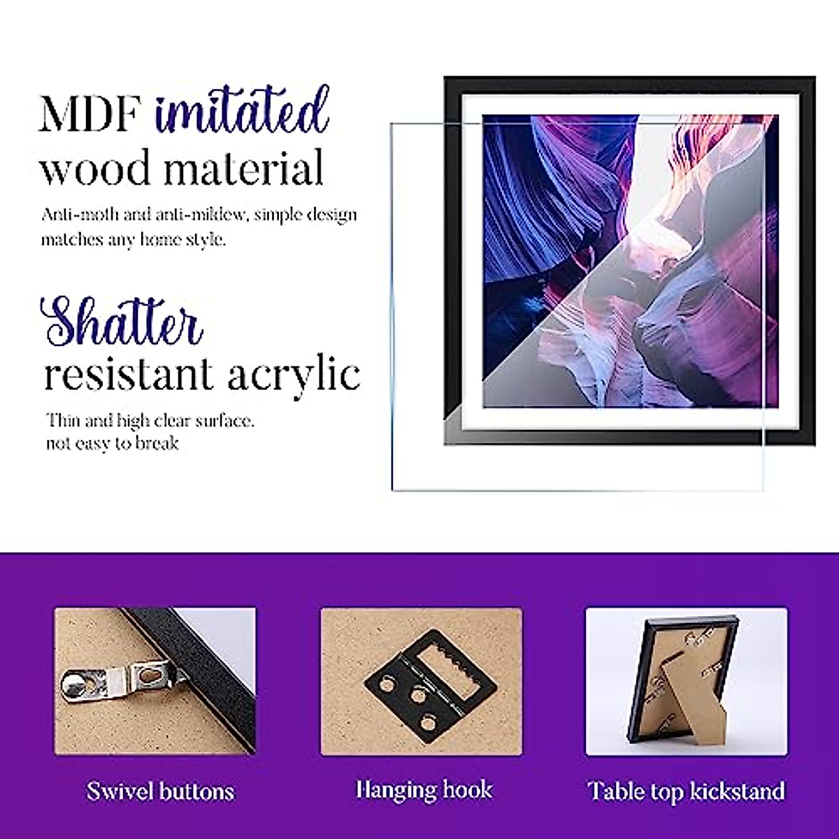 TWING Picture Frames 12x12 Set of 3, Black Large Gallery Wall Frame Set Display Photos 8 x 8 with Mat or 12 x 12 without Mat Wall Mounting Composite Wood