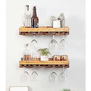 del Hutson Designs Rustic Luxe 24 Inch Farmhouse Solid Pine Wood Wall Mount Wine Bottle Stemware Rack Display Shelf, Set of 2, Walnut