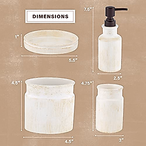 Rustic Luxe Farmhouse Bathroom Accessories Set - 4 Piece Beige Bathroom Accessory Set - Includes Hand Soap Dispenser, Toothbrush Holder, Soap Dish & Tumbler - for Elegant Rustic Bathroom Decor