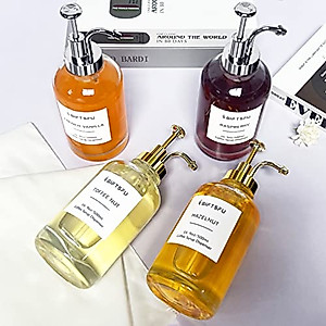 GiftsFU Coffee Syrup Dispenser for Coffee Bar, 4 Pack Coffee Pump Dispenser, Transparent Glass Syrup Dispenser with Pumps and Labels, 16.9 oz 500ml Coffee Syrup Bottles, Gold and Silver