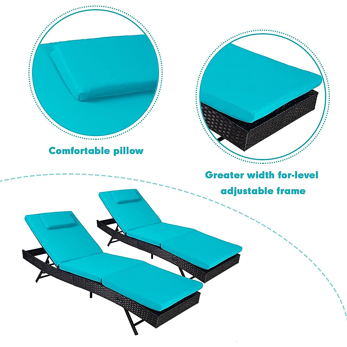 SUNCROWN 2-Piece Outdoor Chaise Lounge Patio Lounge Chair Sets - Black Wicker Adjustable Back Reclining Chair with Cushion for Poolside, Garden, Backyard - Blue