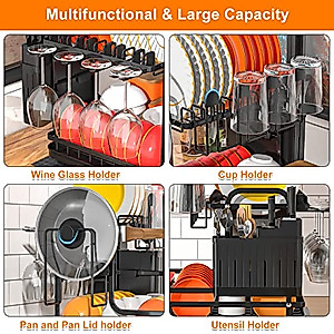 Stofiro 2 Tier Dish Drying Rack with Drainboard & 4 Pack Magnetic Spice Rack for Refrigerator