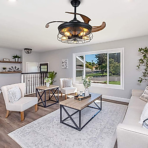 OUKANING Ceiling Fan with Light Industrial Ceiling Fan Retractable Blades Vintage Cage Chandelier Fan with Remote Control-5 Edison Bulbs Needed Not Included (36 Inch)