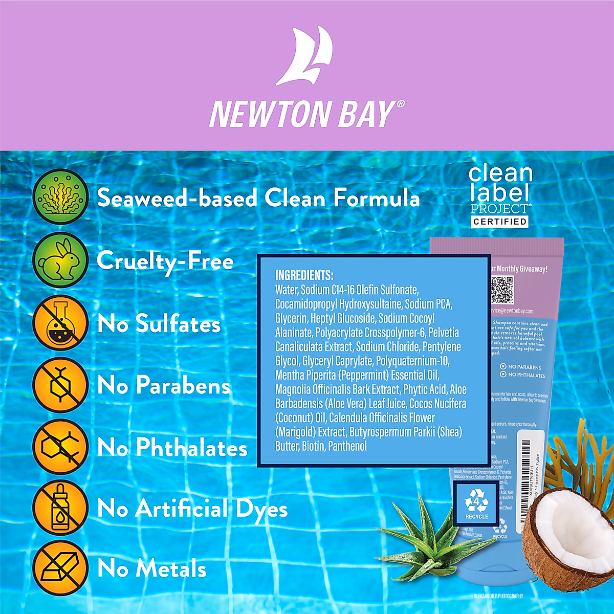 Newton Bay Swimmers Shampoo | Chlorine Removal Shampoo Cleans and Restores Hair after Swimming | Clean Label Project Certified | 12 oz. bottle