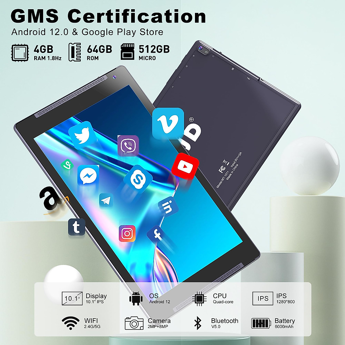 TJD Android 12 Tablets,10.1 inch Tablet PC, 4GB RAM 64GB ROM 512GB MicroSD, FHD IPS Display, Dual Camera, Double Stereo Speakers, Wi-Fi5.0/2.4, Bluetooth5.0, (Gray)